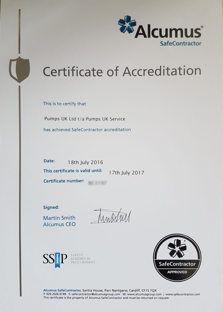 Awarded Safe Contractor Accreditation - Pumps UK Service